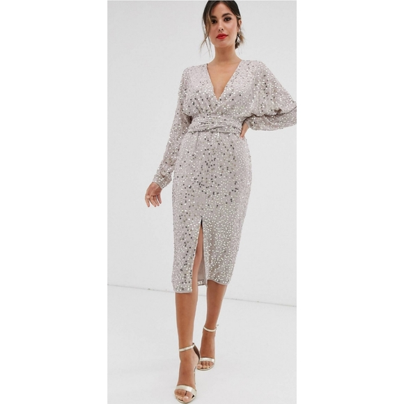 ASOS | Dresses | Asos Design Midi Dress With Batwing Sleeve And Wrap Waist In Scatter Sequin ...